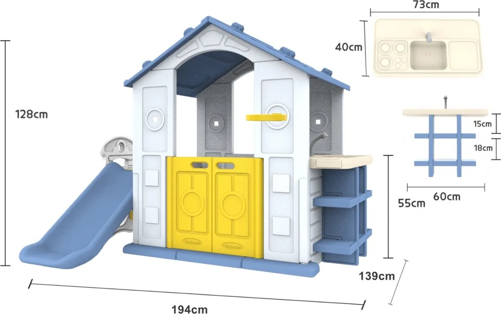 Tomido Domeček se skluzavkou a dřezem s modrou střechou