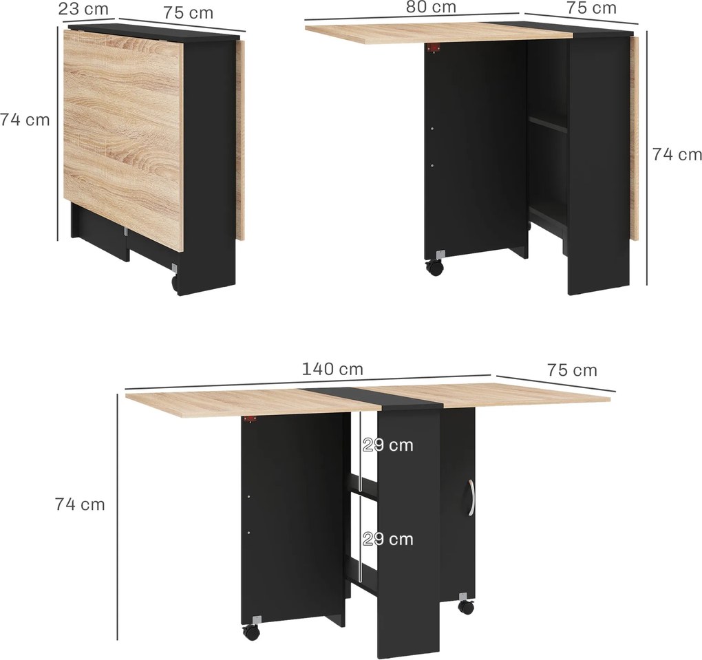 HOMCOM Skládací jídelní stůl s kolečky a skládacími křídly a policemi pro 4-6 osob 75x140x73 cm Přírodní a černá