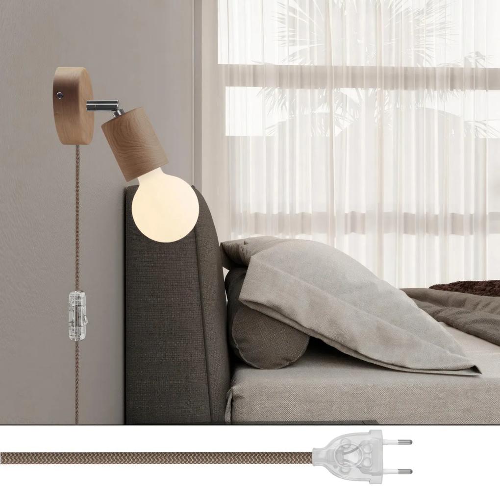 creative cables Spostaluce, nástěnná dřevěná lampa s nastavitelným kovovým kloubem, vypínačem a zástrčkou Barva: Neutrální-matný chrom