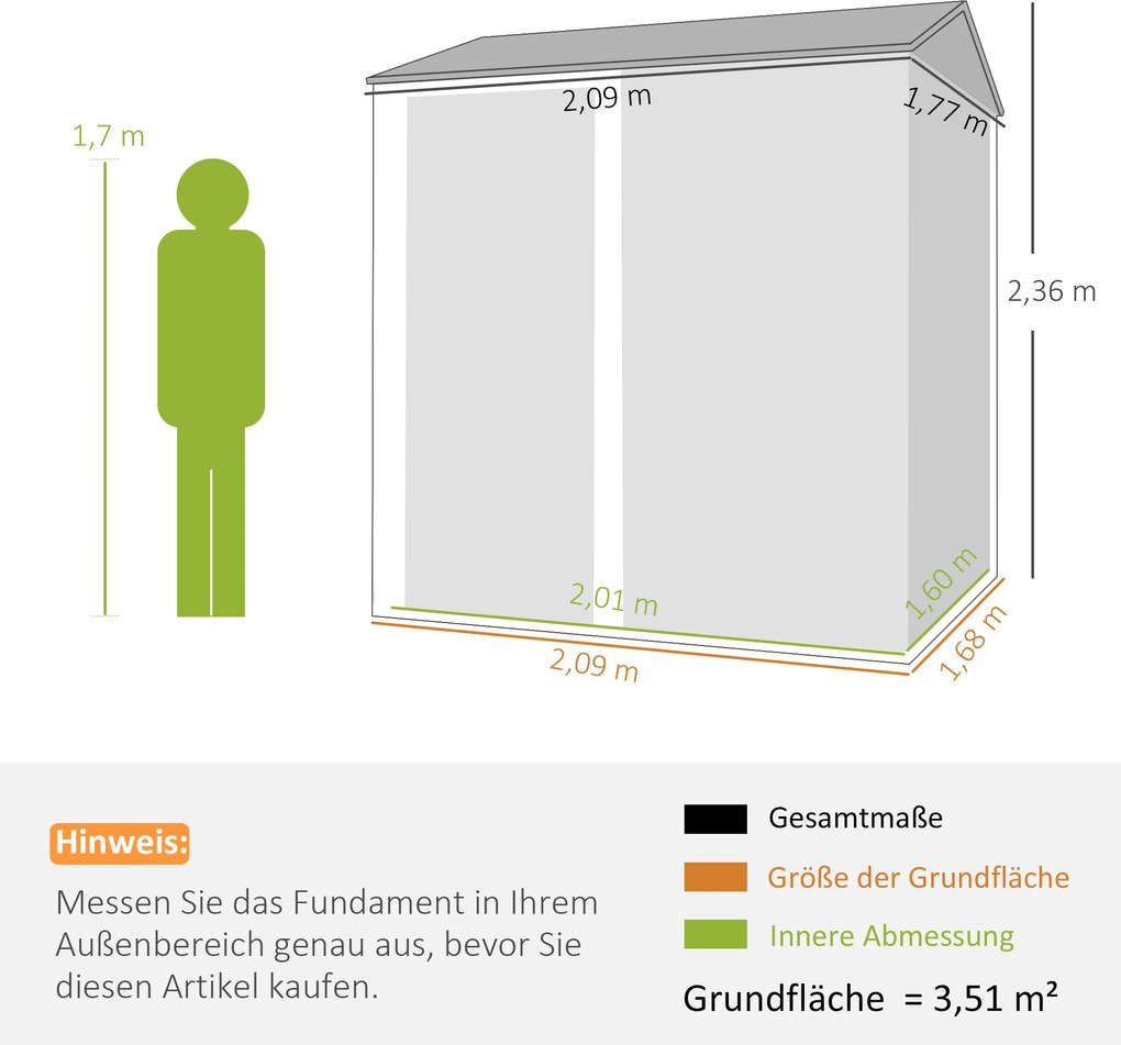 Outsunny kovový zahradní domek na nářadí 3,5 m² – vysoký uzamykatelný zahradní domek se štítnou střechou, větráním a rukavicemi v balení, 209 x 177 x…