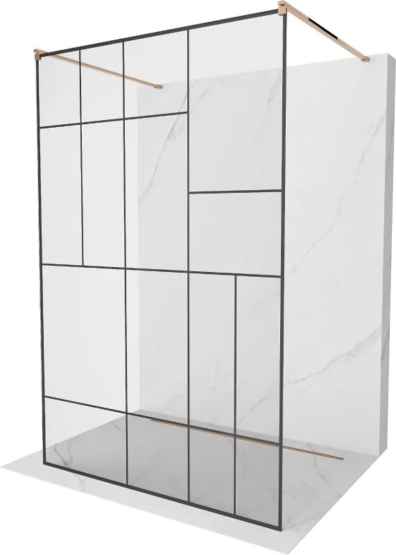 Mexen Kioto, průchozí sprchová zástěna 140 x 200 cm, 8mm sklo čiré/černý vzor, 2x růžové zlato stabilizační rozpěra, 800-140-002-60-78