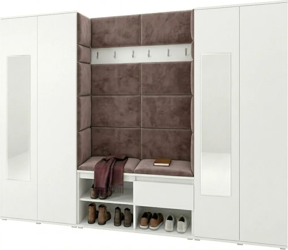 Předsíňová stěna Trinity 10 s čalouněnými panely, 280 cm, bílá / světle hnědá