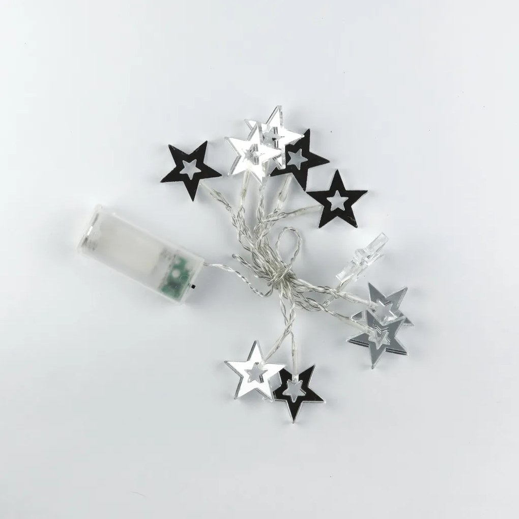 LED světýlka na baterie, akrylové hvězdičky, 1,5 m, teple bílá, 10 diod, čirý kabel, IP20 interiér, 2× AA