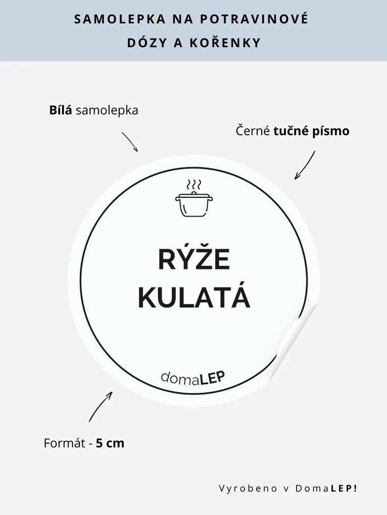 RÝŽE KULATÁ – bílá samolepka na dózu, tučné písmo, 5 cm | DomaLEP