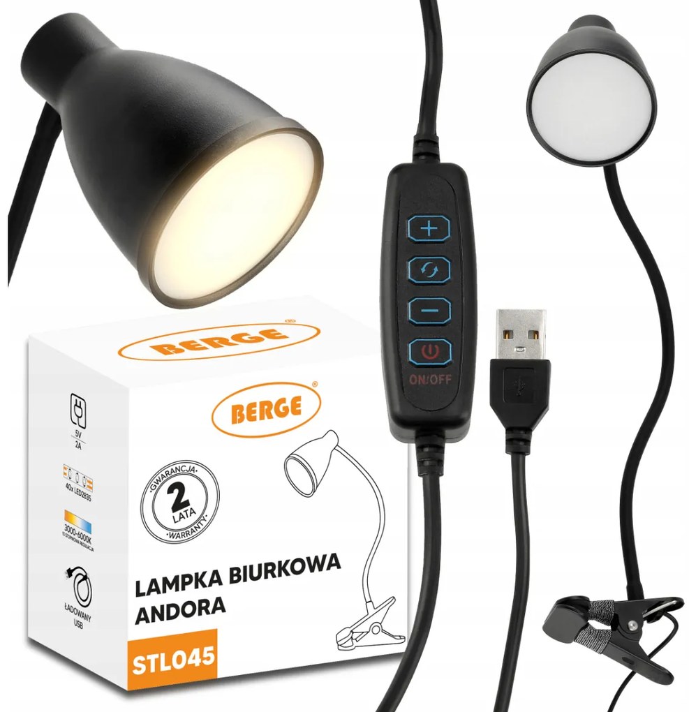 BERGE Andora LED stolní lampa s klipem LED černá