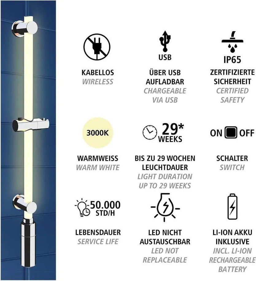 Nástěnná sprchová tyč ve stříbrné barvě 74 cm LED – Wenko