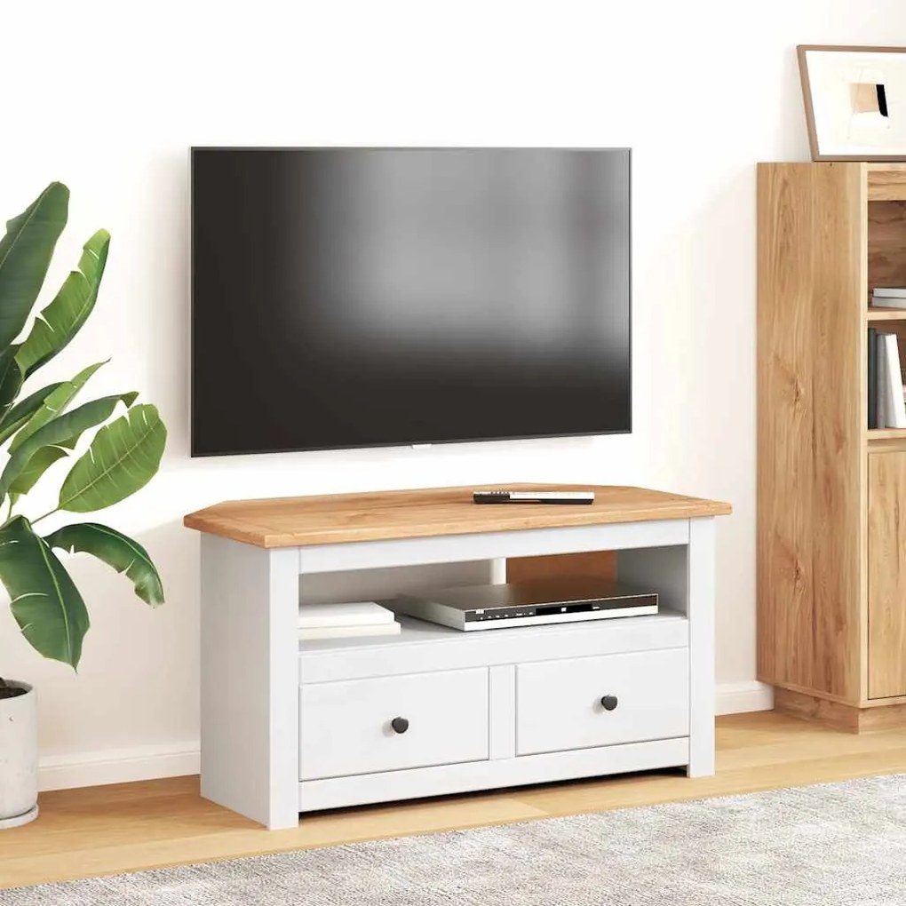 Rohová TV skříňka bílá 93x49x49 cm masivní borovice řada Panama 282687