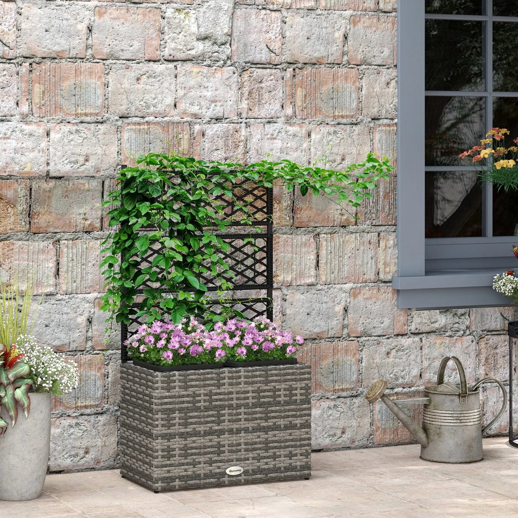 Outsunny Květináč s mřížkou pro rostliny, 2 prostory, 22L, zahradní balkonová terasová venkovní nádoba v pletené pryskyřici a oceli 57 x 30 x 107 cm …