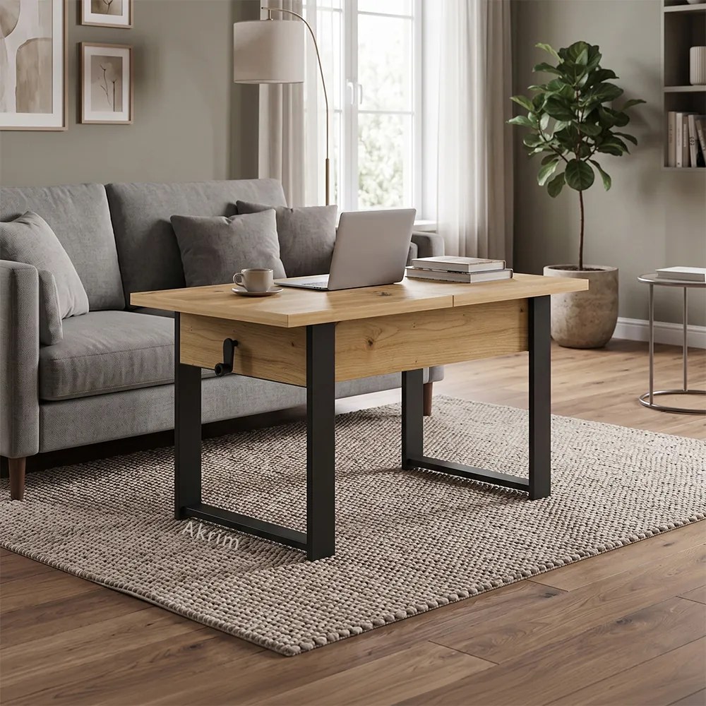Rozkládací polohovací konferenční stolek HOGO 3v1 | 120-157x62,5-74,5x67 cm | síla horní desky 32 mm | dub artisan/černé nohy