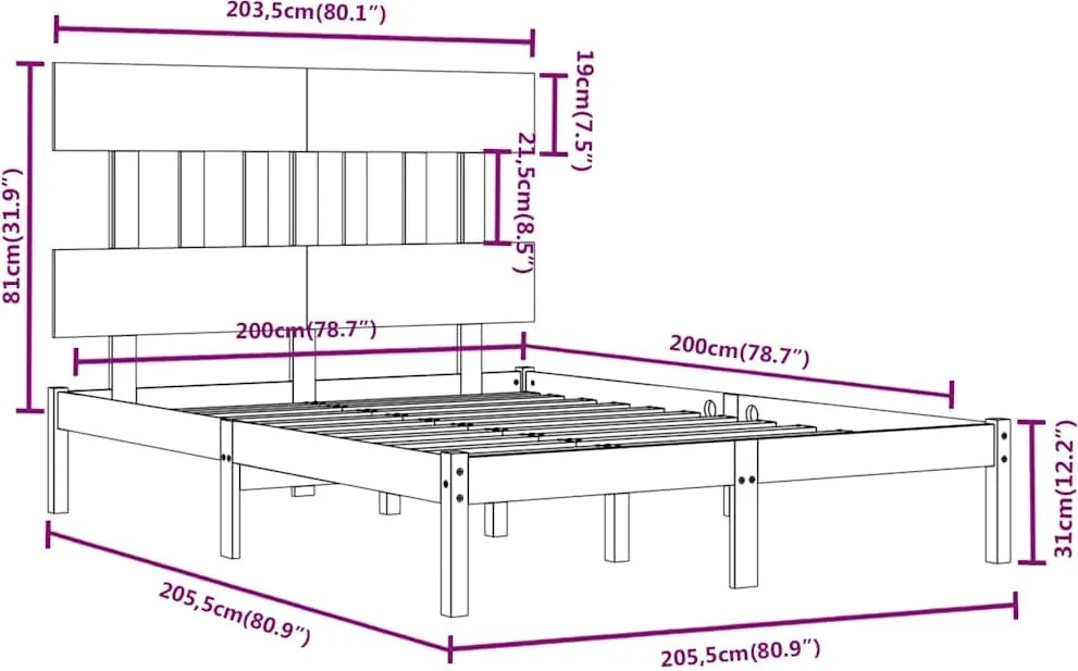 Rám postele černý masivní dřevo 200 x 200 cm 3104762