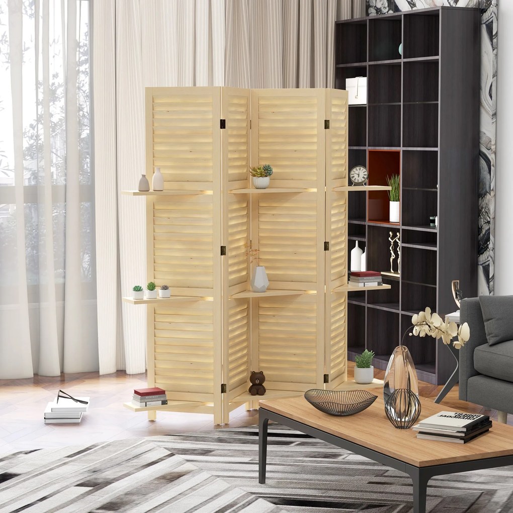 HOMCOM Příčka do interiéru 4 panely 160D x 170V cm 3 skládací police s žaluzkovými dveřmi z přirozeného paulovního dřeva