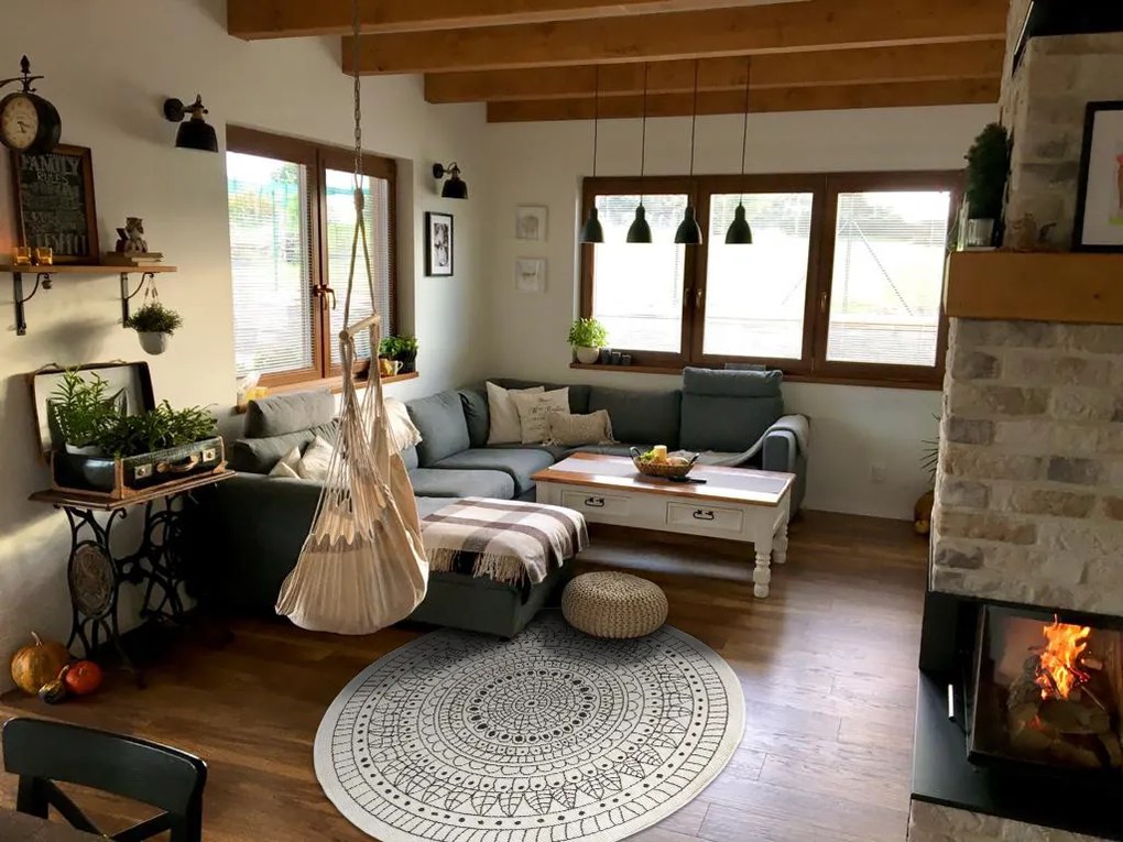 Hanse Home, Kusový koberec Twin-Wendeteppiche 103101 creme schwarz kruh – na ven i na doma, 100x100 (průměr) kruh, bílá, chodba / předsíň