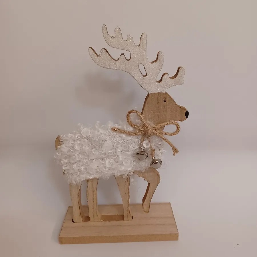 Dřevěná vánoční dekorace na stůl jelen s rolničkami, 12,5 × 20,5 cm, bílá, stojící