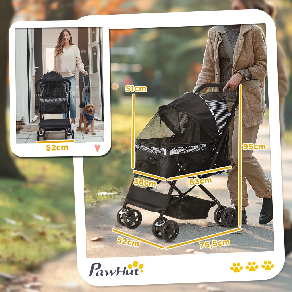 PawHut Dog Buggy Kočárek pro psy a kočky Kočárek pro kočky Oxford Black 76,5 x 52 x 95 cm