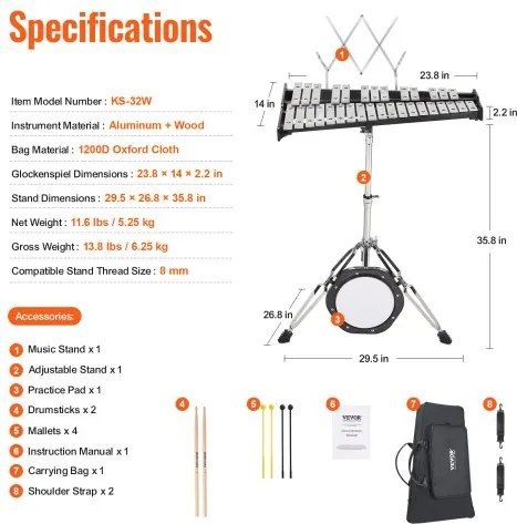 32 Note Glockenspiel xylofonový zvonek s paličkami, stojanem a cvičnou podložkou