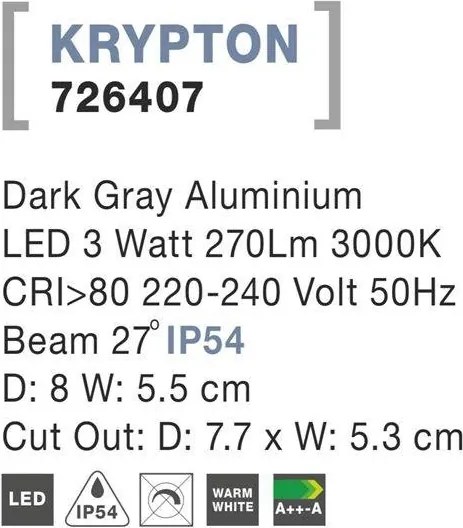 NV 726407 Venkovní zapuštěné svítidlo do zdi KRYPTON tmavě šedý hliník LED 3W 3000K 220-240V 27st. IP54 - NOVA LUCE