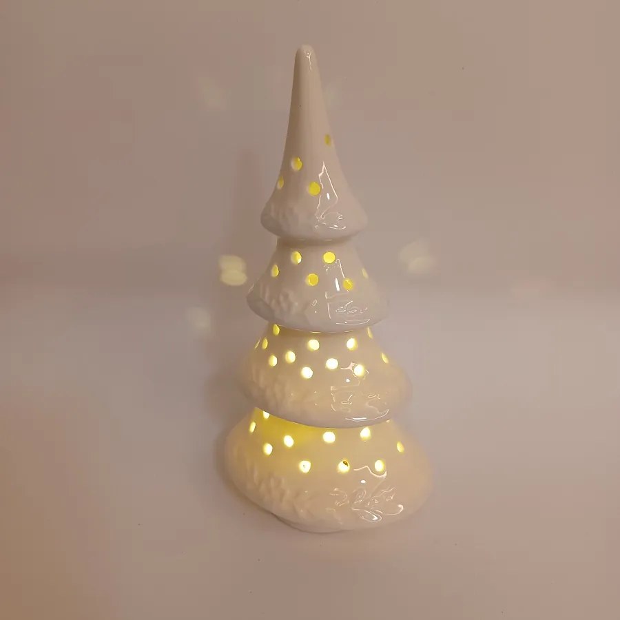 LED dekorace keramický stromeček, 9 × 7,4 × 17,8 cm, teple bílá, 2× LR44
