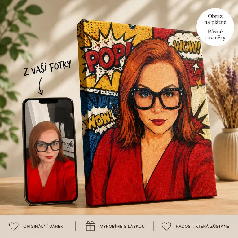 Foto obraz z vlastní fotky na plátno – Hravý komiksový Pop-Art styl Rozměry obrazu: 60 x 80 cm
