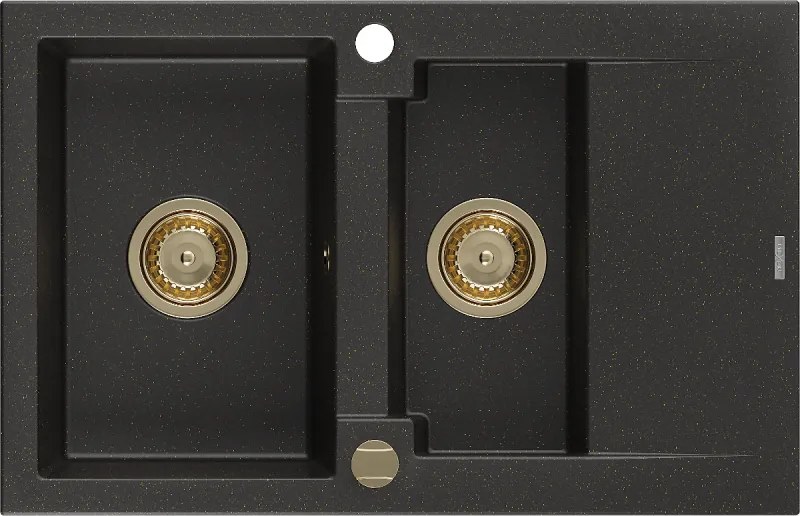 Mexen Gaspar, granitový dřez 737x475x177 mm, 1,5-komorový, černá-zlatá metalíza se zlatým sifonem, 6507731505-75-G