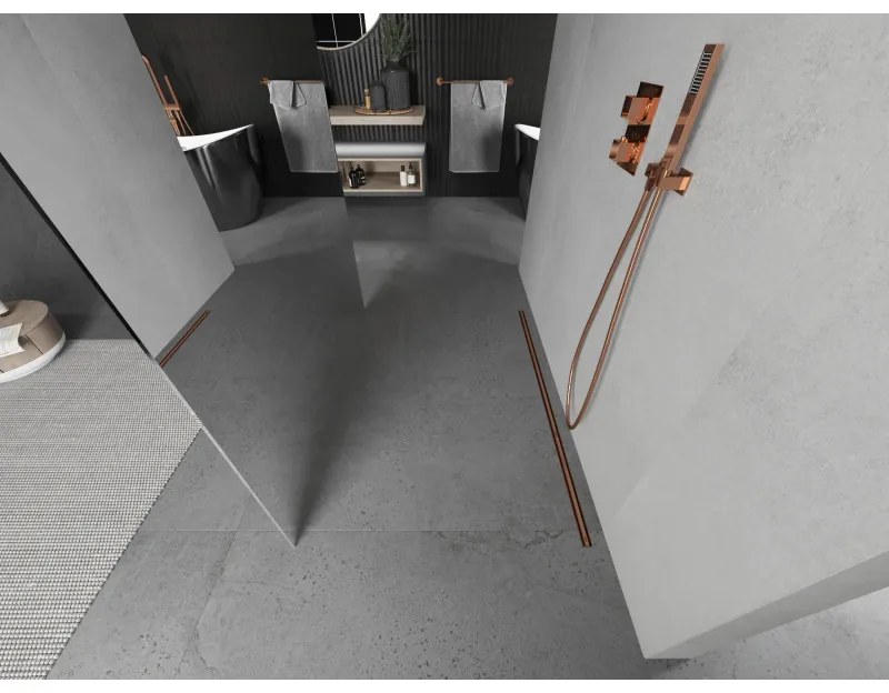 Mexen Kioto, průchozí sprchová zástěna 120 x 200 cm, 8mm sklo vzor zrcadlo, 2x růžové zlato stabilizační rozpěra, 800-120-002-60-50