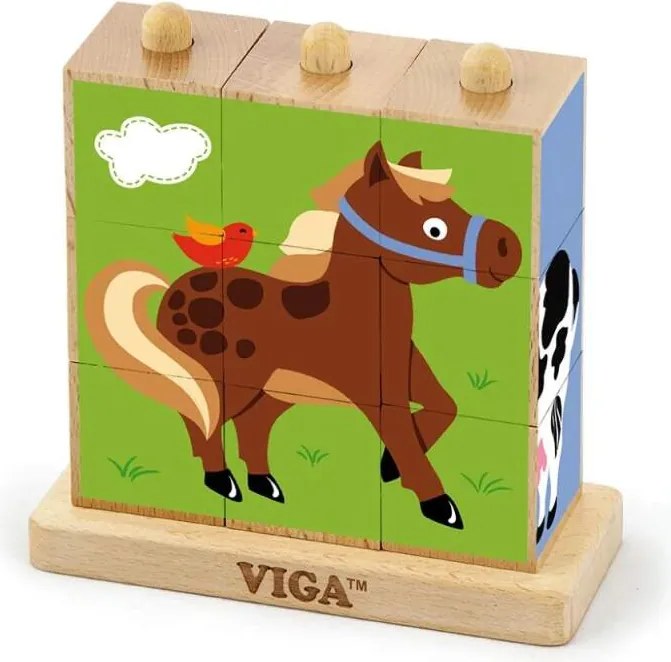 Dřevěné puzzle kostky na stojánku Viga Farma