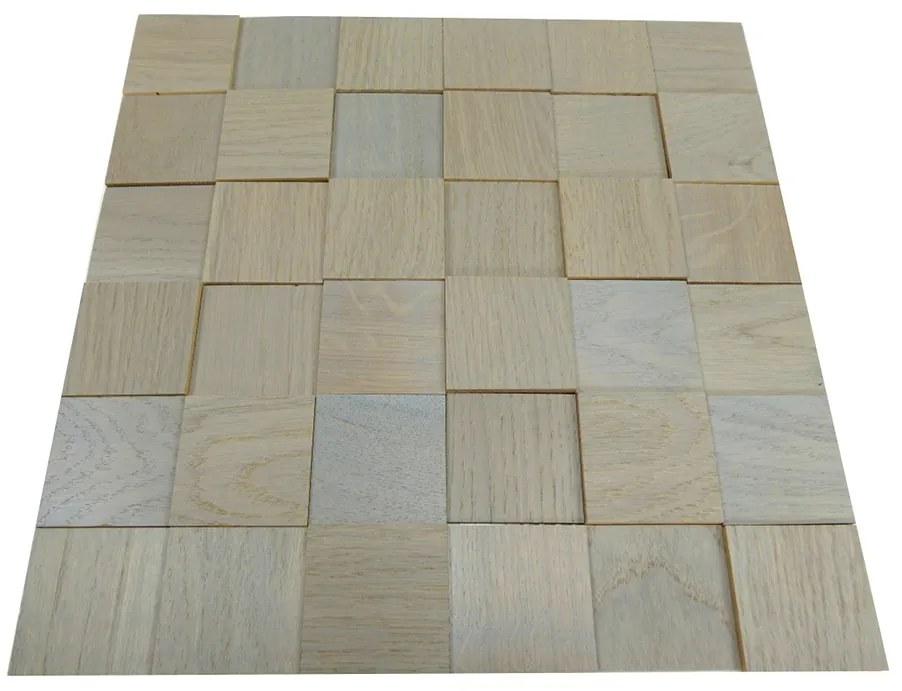 DUB ŠEDÝ 50, jednotlivé kusy 50 x 50 mm (0,0025 m²) nebo samolepící panel 300 x 300 mm (0,09 m²) - dřevěná mozaika 3D 4 mm Broušený - olejovaný