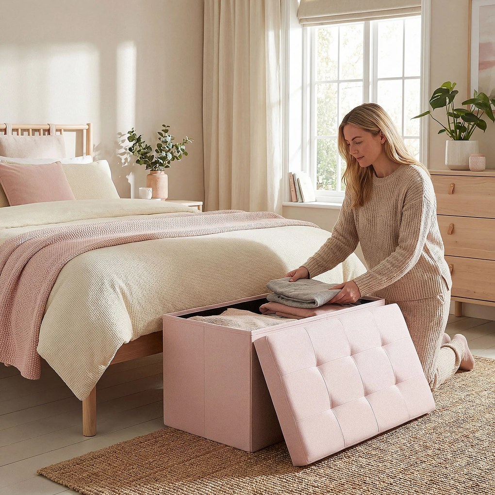 HOMCOM Úložný taburet, skládací úložná lavice 84 L 76x38x38 cm, potah z umělého lnu, růžová