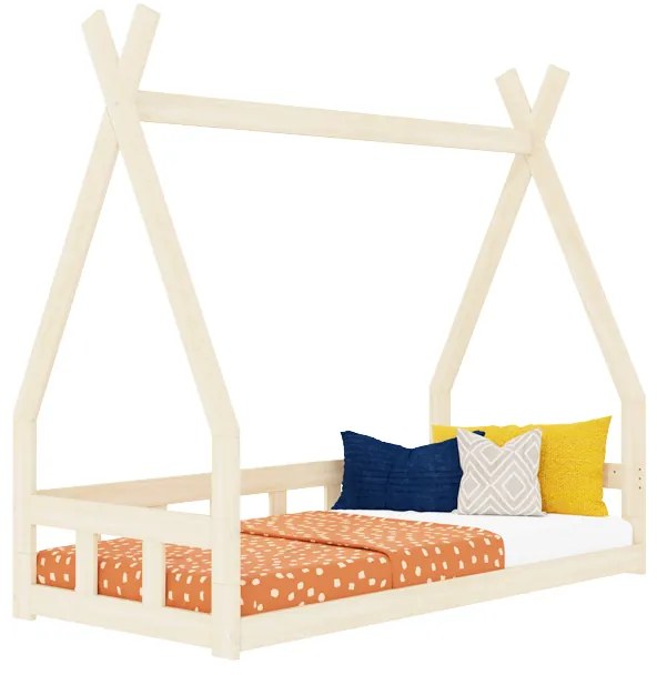 Benlemi Domečková nízká postel FENCE 6v1 ve tvaru teepee se zábranou Zvolte barvu: Béžová, Zvolte rozměr: 90x190 cm, Zvolte zábranu: S otevřeným vstupem