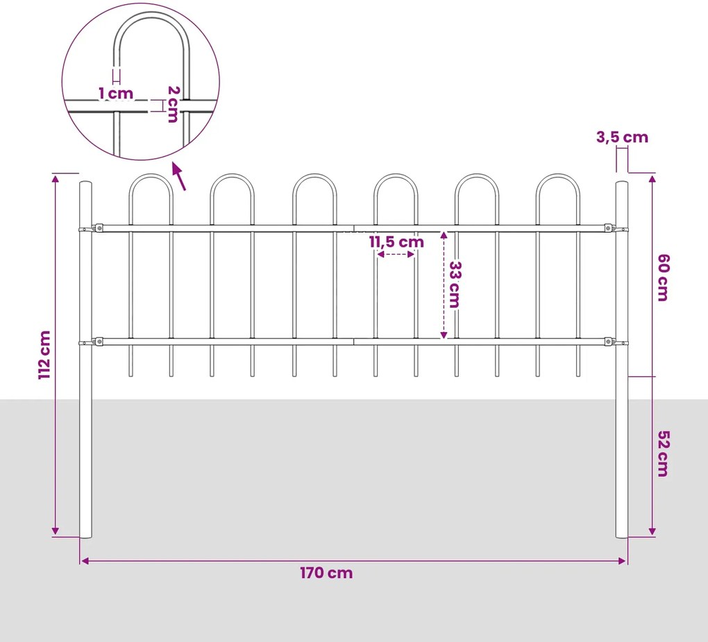 Zahradní plot BOXTEL s obručí nahoře ocelový 170 x 60 cm černý 144928