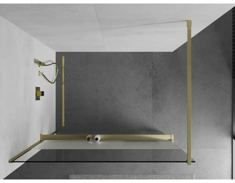 Mexen Kioto+, sprchová zástěna Walk-In s poličkou a věšákem 100 x 200 cm, 8mm čiré sklo-námraza, zlatý matný profil, 800-100-121-55-35