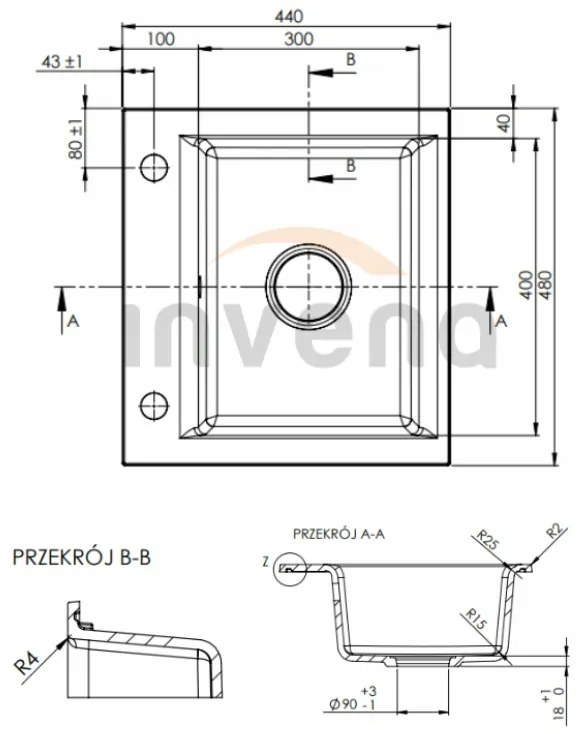 Invena Tesalia, 1-komorový granitový dřez 440x400x160 mm a dřezová baterie Joga Plus, černá skvrnitá, INV-AZ-01-041-SET