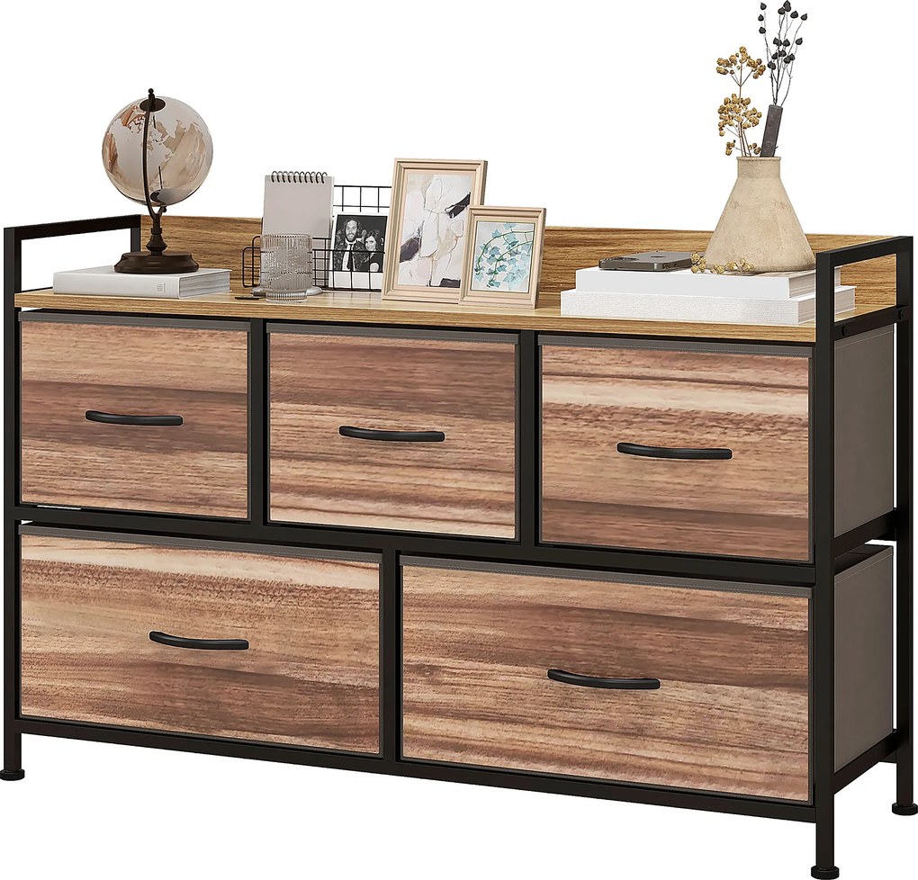 HOMCOM Komoda se 5 textilními zásuvkami 98 x 29 x 63 cm, černý ocelový rám