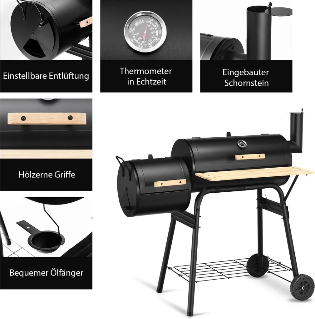 Costway BBQ gril na dřevěné uhlí s kolečky Grilovací vozík s víkem Venkovní gril