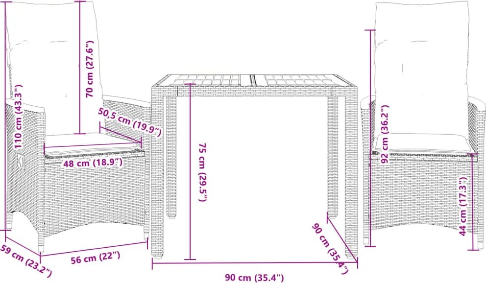 3dílný bistro set s poduškami šedý polyratan 3276843