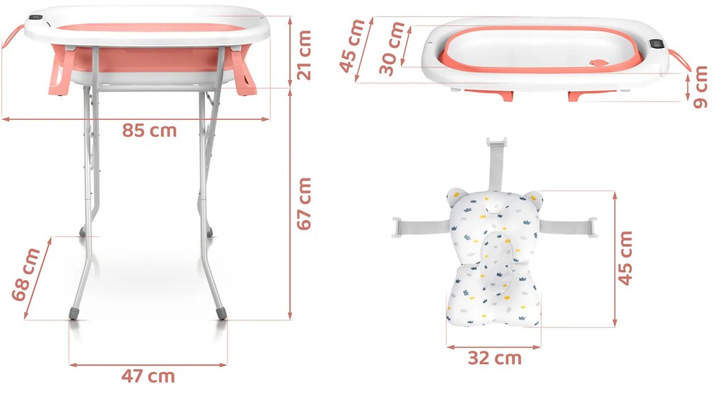 Skládací vanička pro kojence a děti s rámem, teploměrem a vložkou Ricokids RK-287 bílá a růžová