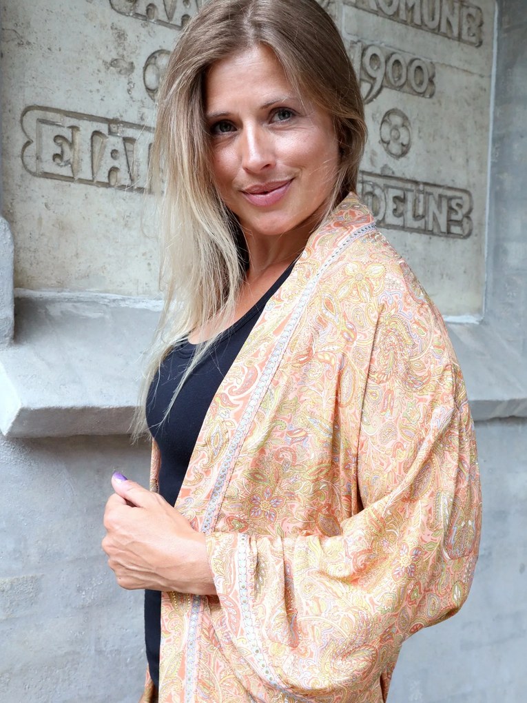 Lososové kimono / župan s květovaným vzorem Floral Print - one size