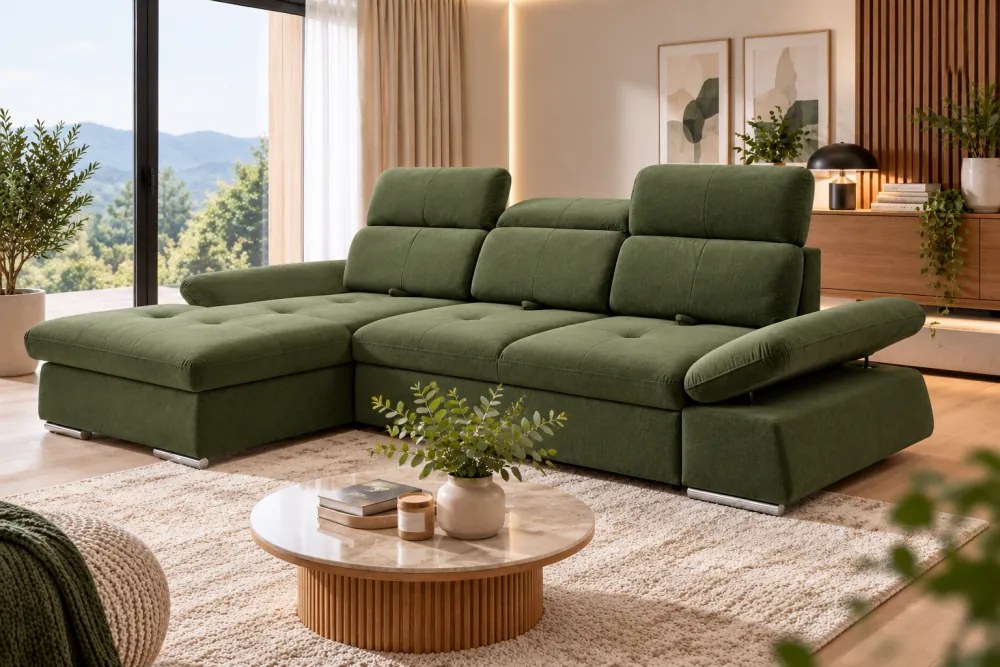 Rozkládací rohová sedačka FEMINA L 288x207cm – rozklad a úložný prostor levý roh zelená - Orinoco 37