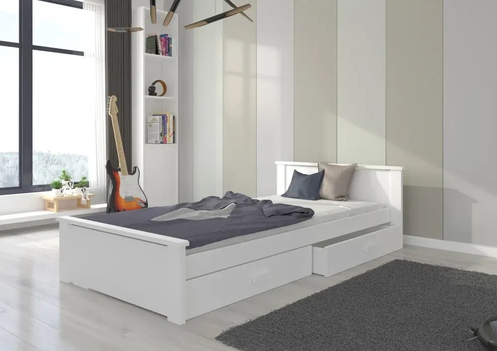 Postel s matrací ALDEX 180x80 bílá (86 x 72) cm – 2 zásuvky na lůžkoviny místo další komody
