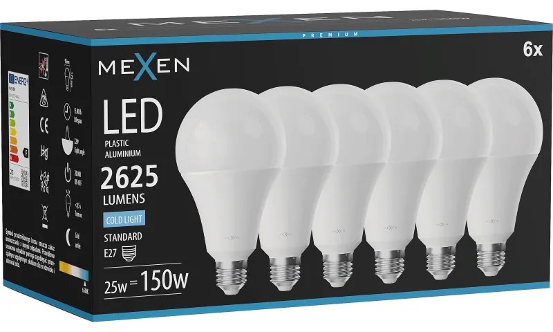 Mexen Nova 6x LED žárovka E27, A95, 25W, Studená - 6500K, 2625 lm - L100-E27-2565-01x06