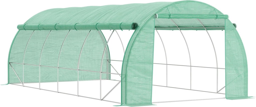 Outsunny Poly Tunnel Skleník 6 x 3 x 2 m S Rolovacími Kryty UV Ochrana Zelený Ocelový Rám | Aosom
