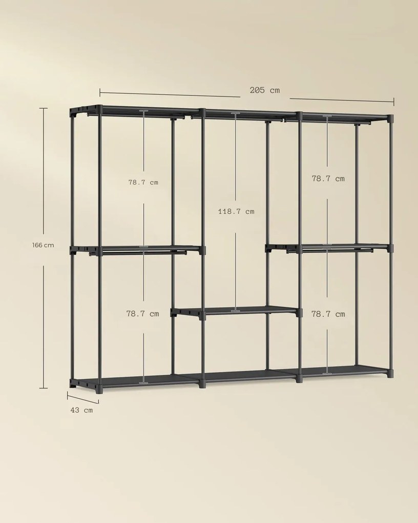 Otevřený šatník s policemi DRESSIO, 205x43x166 cm, černá SongmicsHome