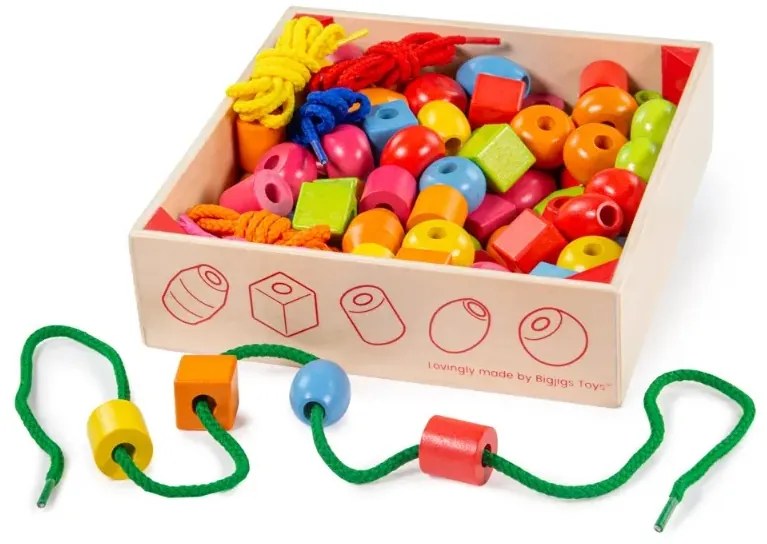 Bigjigs Toys Dřevěné navlékací korálky v bedýnce