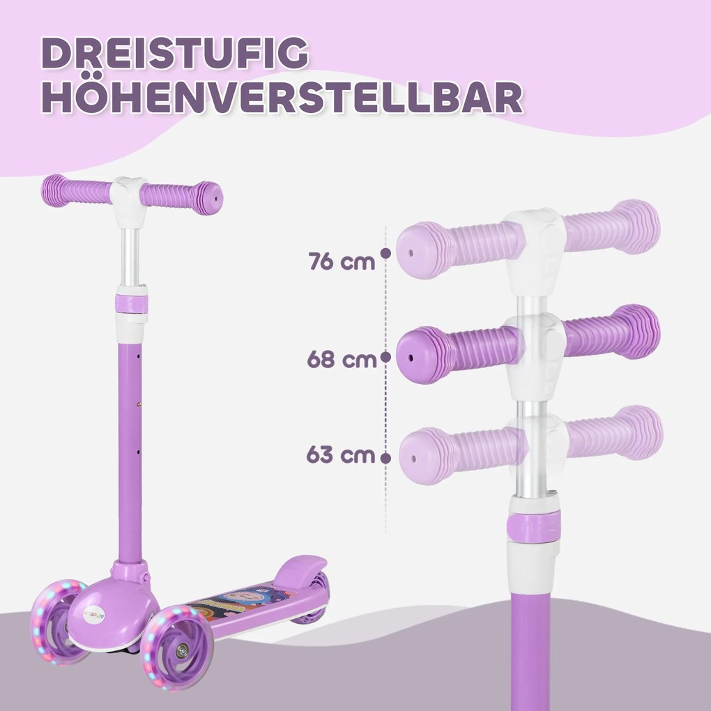AIYAPLAY Dětská koloběžka, LED kola, hladká jízda, nastavitelná výška, plast, ocel, fialová