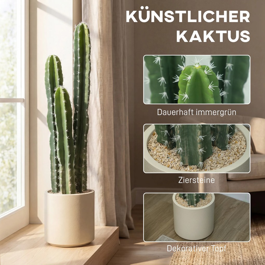 HOMCOM umělý kaktus v květináči, 95 cm — realistický trojkmenový dekor do domu a kanceláře