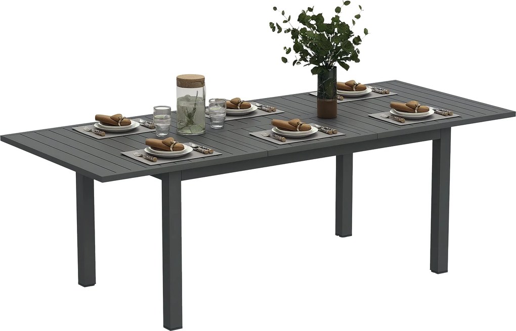 Rozkládací zahradní stůl Outsunny z hliníku 160/220x90 cm, odolný vůči povětrnostním vlivům, stůl na balkon, protiskluzový bufetový stůl pro 6-8 osob,