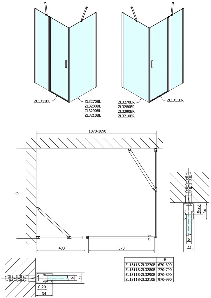 Polysan, Zoom Line Black obdélníková sprchová zástěna 1100x800mm L/P varianta, ZL1311BZL3280B