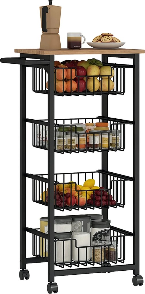 HOMCOM Kuchyňský vozík s pracovním stolem, 4 výsuvné ocelové koše, pojízdný vozík do kanceláře, 49,5 x 31 x 91 cm, Dub | Aosom