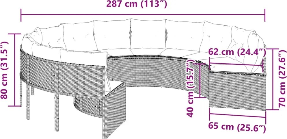 Zahradní pohovka s poduškami kulatá šedá polyratan 3318541