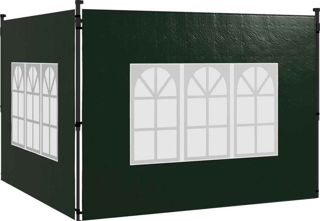 Outsunny Boční Zdi pro Altán 3x3 m a 3x6 m - Sada 2 Stěn s Okny 293x193 cm Tmavě Zelená