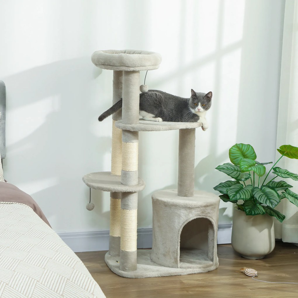 Škrabadlo pro kočky 114 cm s jeskyní, sisalové sloupky, plošina, víceúrovňové pro středně velké kočky do 6 kg, světle šedá barva